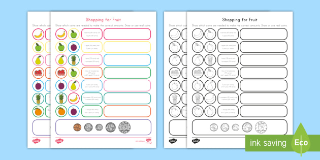 Buying Fruit Using Coins: Math Shopping Worksheets for Kids