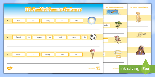 Summer Jumbled Sentences for ESL (teacher made)