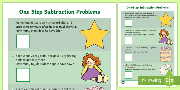 One-Step Subtraction Problems Worksheet (teacher made)