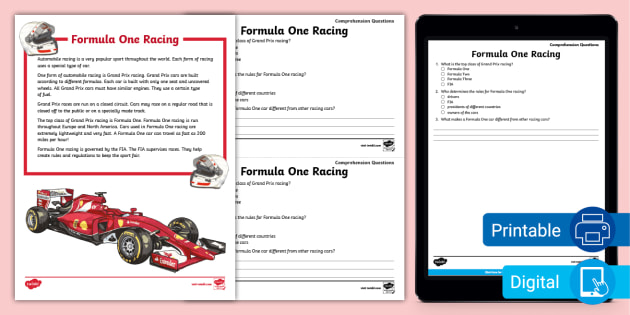 Fourth Grade Formula One Reading Passage Comprehension Activity