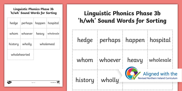 Northern Ireland Linguistic Phonics 3b 'h/wh' Sound Words for Sorting Sheet