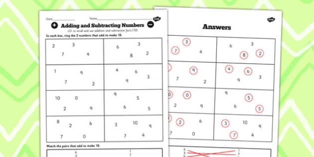 Number Facts to 20 Find Pairs to 10 Worksheet (teacher made)