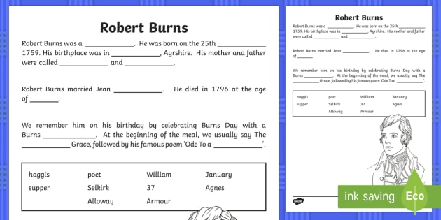 Robert Burns Missing Words Worksheet / Worksheet