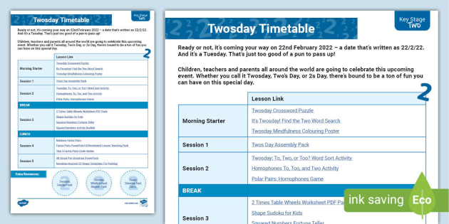 FREE! - Twosday Activity Timetable (Teacher-Made)