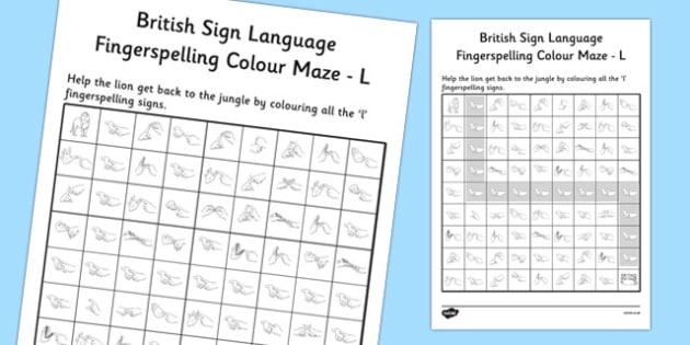 British Sign Language Left Handed Fingerspelling Colour Maze L