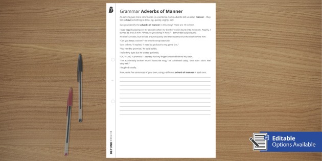 Adverbs of Manner Worksheet | KS3 SPaG | Beyond English