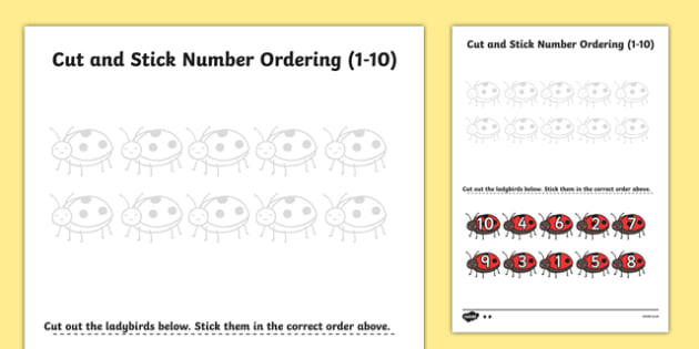 Minibeast Themed Cut and Stick Number Ordering Activity 1-10