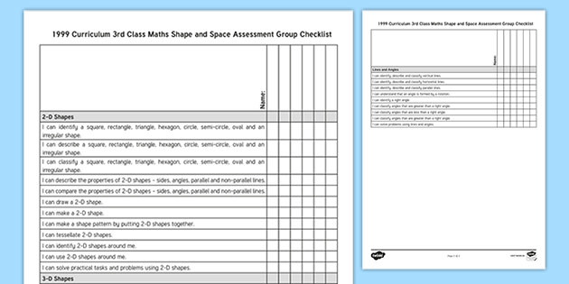 1999 Curriculum 3rd Class Maths Shape and Space Assessment Group Checklist