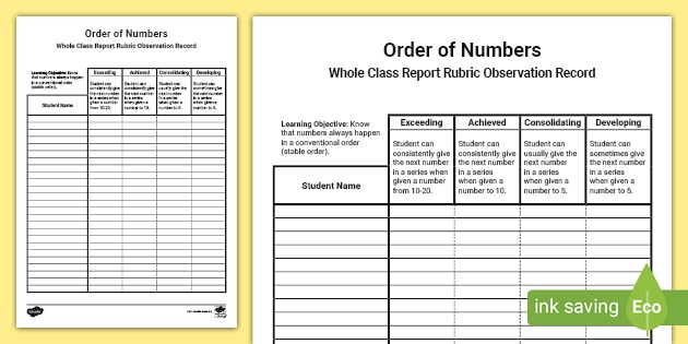Stable Order of Numbers EYLF Assessment Rubric/Guide to Making Judgement