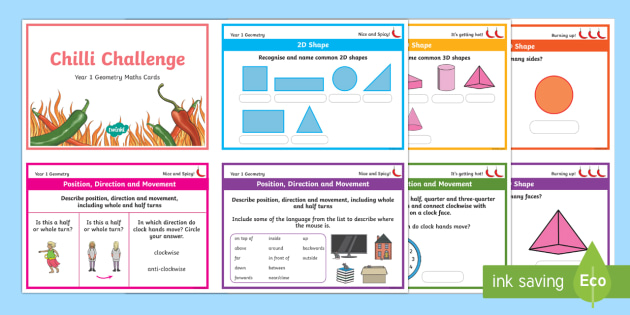 Chilli Challenge Year 1 Geometry Maths Cards (teacher made)