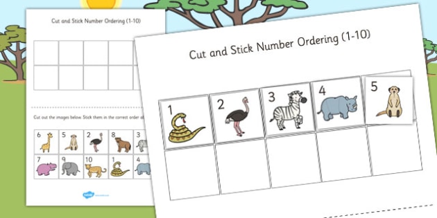 Safari Themed Cut and Stick Number Ordering Sheets 1-10 - safari