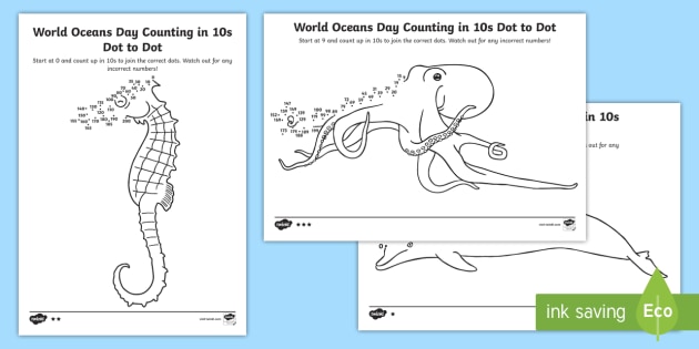 World Oceans Day Dot to Dot in 10s Worksheets (teacher made)