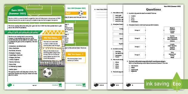 LKS2 Euro 2020 (Summer 2021) Reading Comprehension Activity