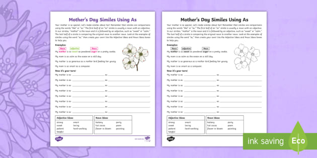 Mother's Day Similes Using As Activity - figurative language