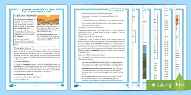 Fiche de lecture différenciée : L'eau : la réponse est dans la nature
