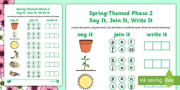 Spring-Themed Phase 2 Say It, Join It, Write It Activity