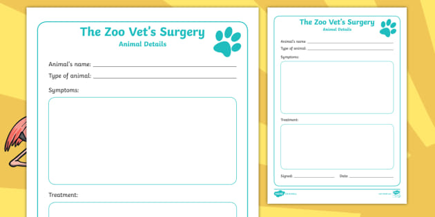 The Zoo Vet: Patient Details Worksheet (teacher made)