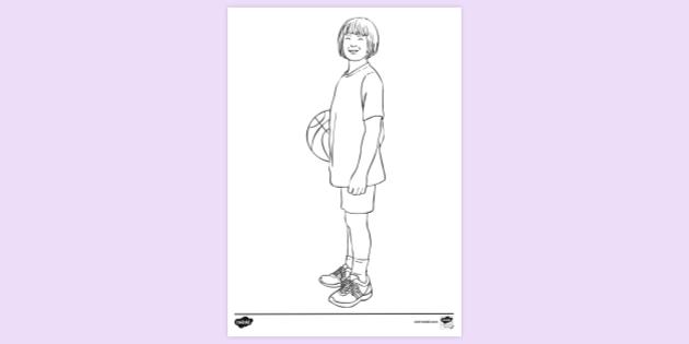 Girl in PE Kit with Basketball Colouring Sheet