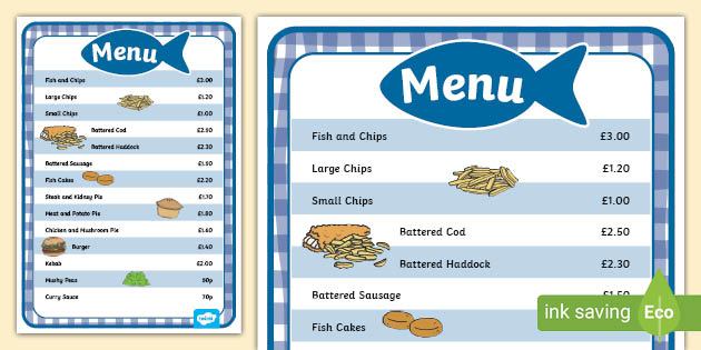 Fish And Chip Shop Role Play Menu (teacher made)