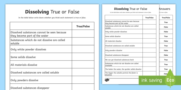 Dissolving True or False Worksheet - dissolving substances, dissolving