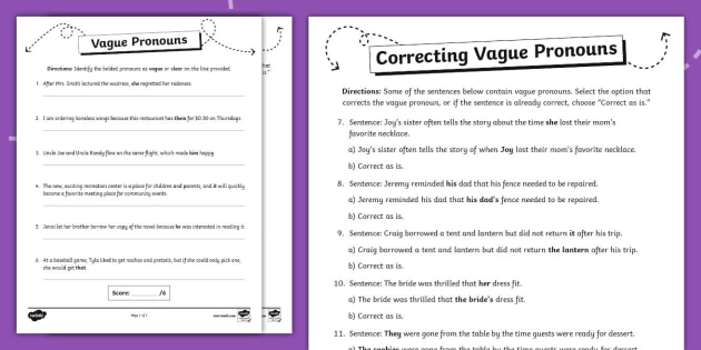Vague Pronouns Worksheet 50+ Vague Pronouns Worksheets On Quizizz