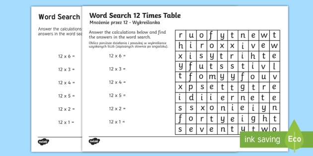 Multiplication 12 Times Tables Word Search Worksheet / Worksheet
