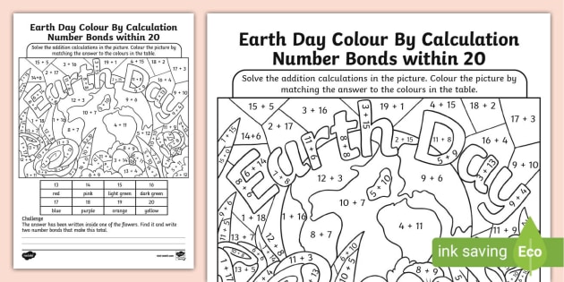 👉 Earth Day Colour by Calculation Number Bonds within 20
