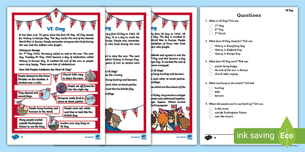 KS1 VE Day Differentiated Reading Comprehension Activity