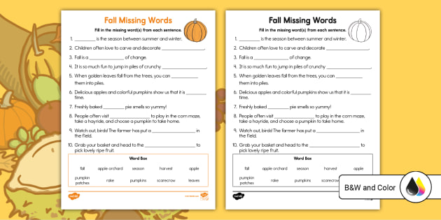Fall Complete The Sentence Missing Words Activity