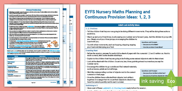 EYFS Nursery Maths Planning and Continuous Provision Ideas: 1,2 and 3