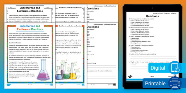 Fifth Grade Endothermic and Exothermic Reactions Reading Comprehension
