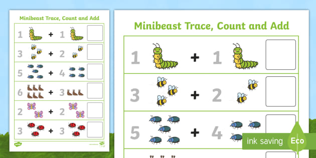 Minibeast Trace Count and Add Worksheet (teacher made)