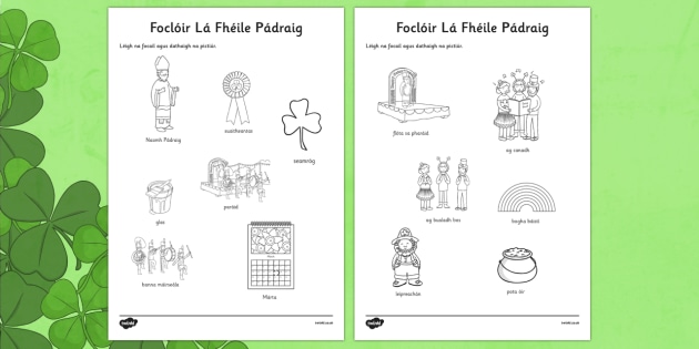 Irish Gaeilge Foclóir Lá Fhéile Pádraig Vocabulary Colouring Worksheet