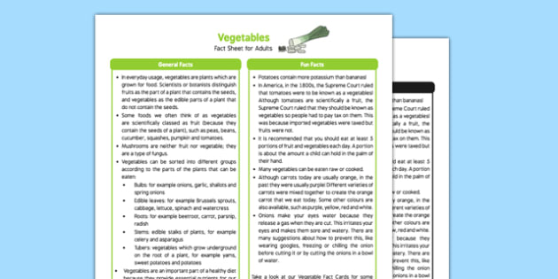 Vegetables Healthy Eating Fact Sheet For Parents - Twinkl