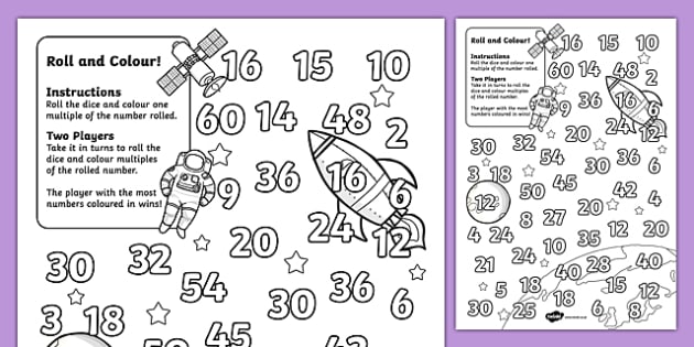 Space Themed Multiplication Roll and Colour One Dice - colour