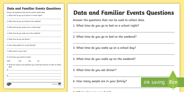 Data and Familiar Events Questions Worksheet / Worksheet