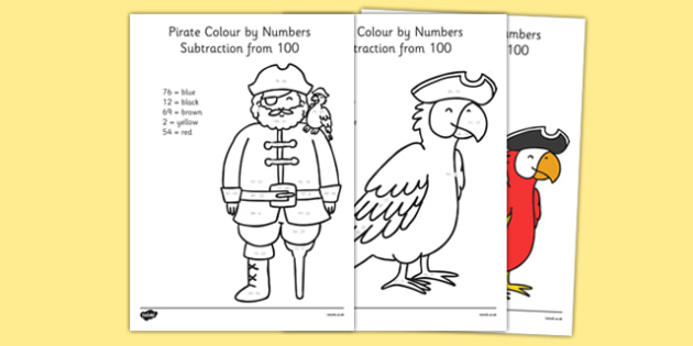 Pirate Themed Subtraction From 100 Colour by Numbers