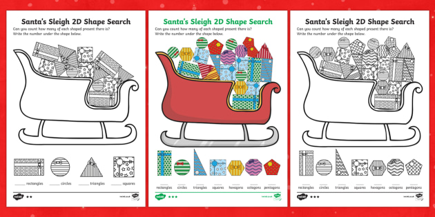 Santa’s Sleigh 2D Shape Search Activity (teacher made)