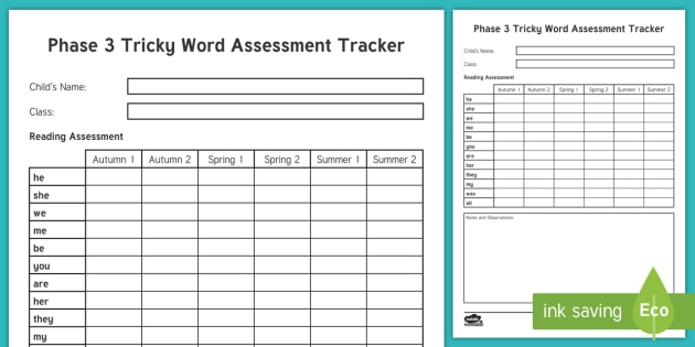 Phase 3 Tricky Word Individual Child Assessment Tracker