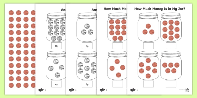 * NEW * How Much Money Is in My Jar Counting in 1s Worksheets - money