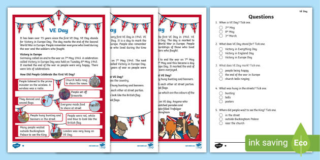 KS1 VE Day Differentiated Reading Comprehension Activity
