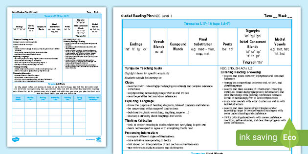 New Zealand Turquoise Guided Reading Weekly Plan