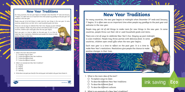 Third Grade New Year Traditions Reading Passage Comprehension Activity