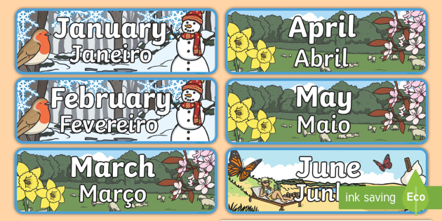 Months of the Year With Seasons Theme Display Posters English/Portuguese