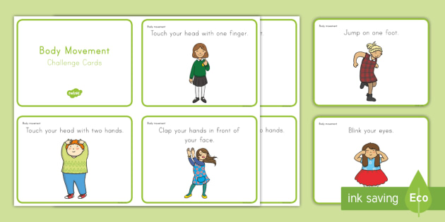 Body Movement Challenge Cards - touch, clap, stomp, grab, hold