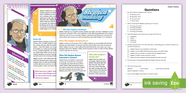 LKS2 Stephen Hawking Differentiated Reading Comprehension Activity