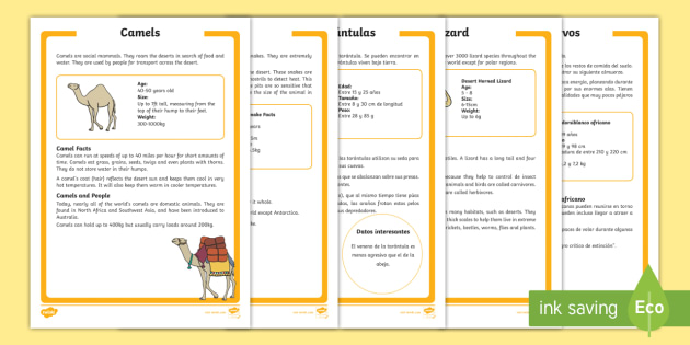 Desert Animals Fact Sheets English/Spanish (teacher made)