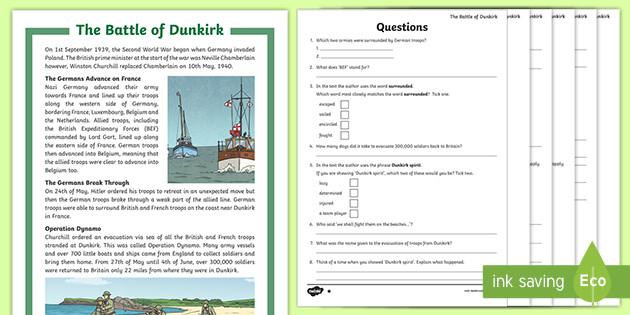 KS2 The Battle of Dunkirk Differentiated Reading Comprehension Activity