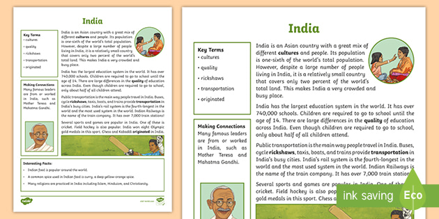 Fifth Grade India Fact File (teacher made)