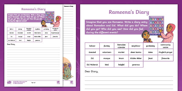 Rameena's Ramadan Diary Writing Worksheet (teacher made)